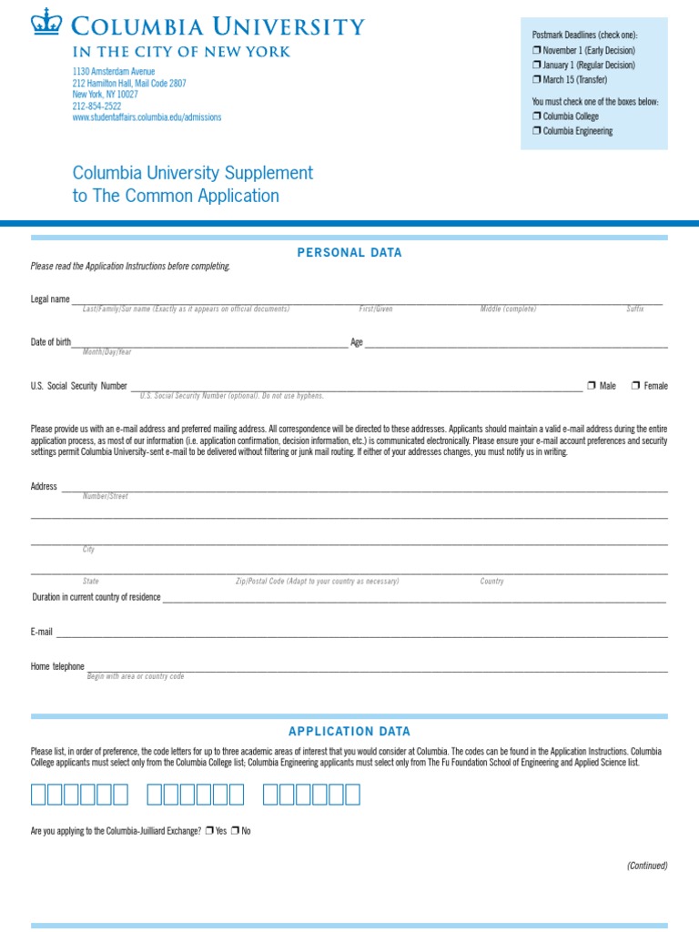 Columbia Common App Form | PDF | Address (Geography) | Columbia University