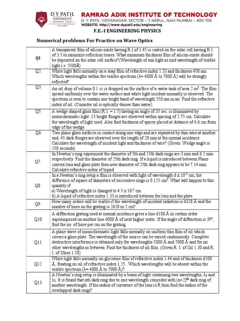 Numerical Problems On Wave Optics | PDF | Light | Wavelength