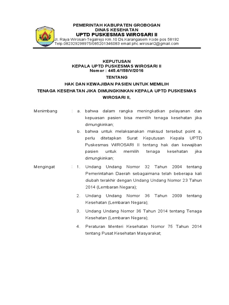 7.6.7.1 SK Tentang Hak Dan Kewajiban Pasien Untuk Memilih Tenaga Kesehatan Editan | PDF