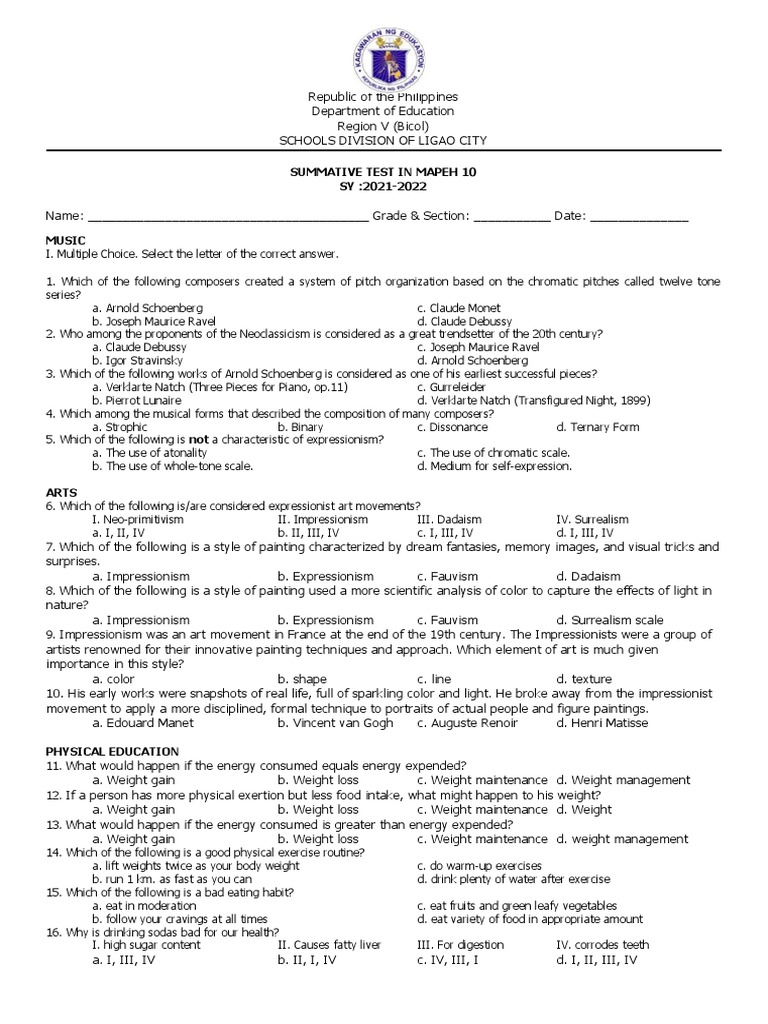 MAPEH 10 1st Summative Test | PDF | Health Professional | Health Care