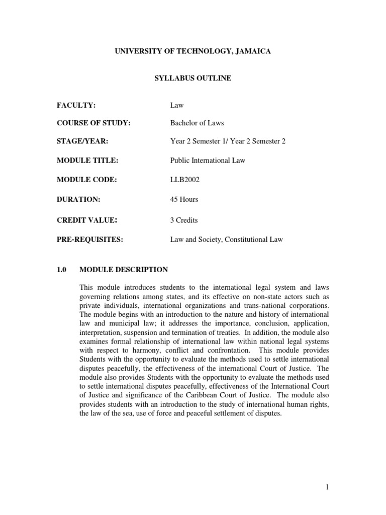 Public International Law Syllabus Utech Jamaica | PDF | International Law | Territorial Waters