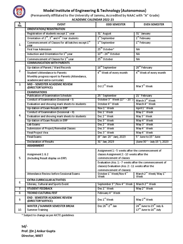 MIET Academic Calendar 2022-23 | PDF | Academic Term | Educational ...