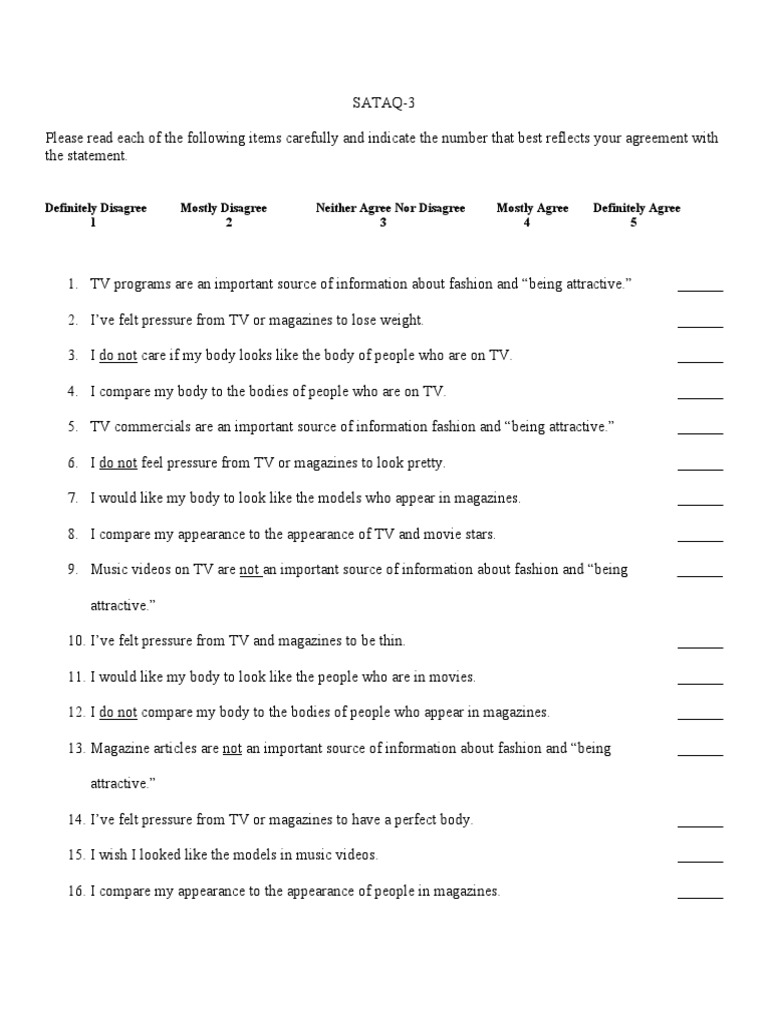 SocioculturalAttitudesTowardsAppearanceQuestionnaire 3 (SATAQ 3) | PDF