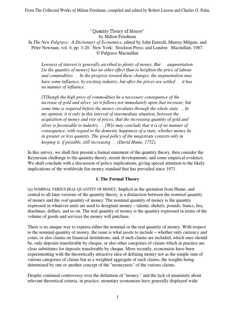 The Quantity Theory of Money | PDF | Money | Money Supply