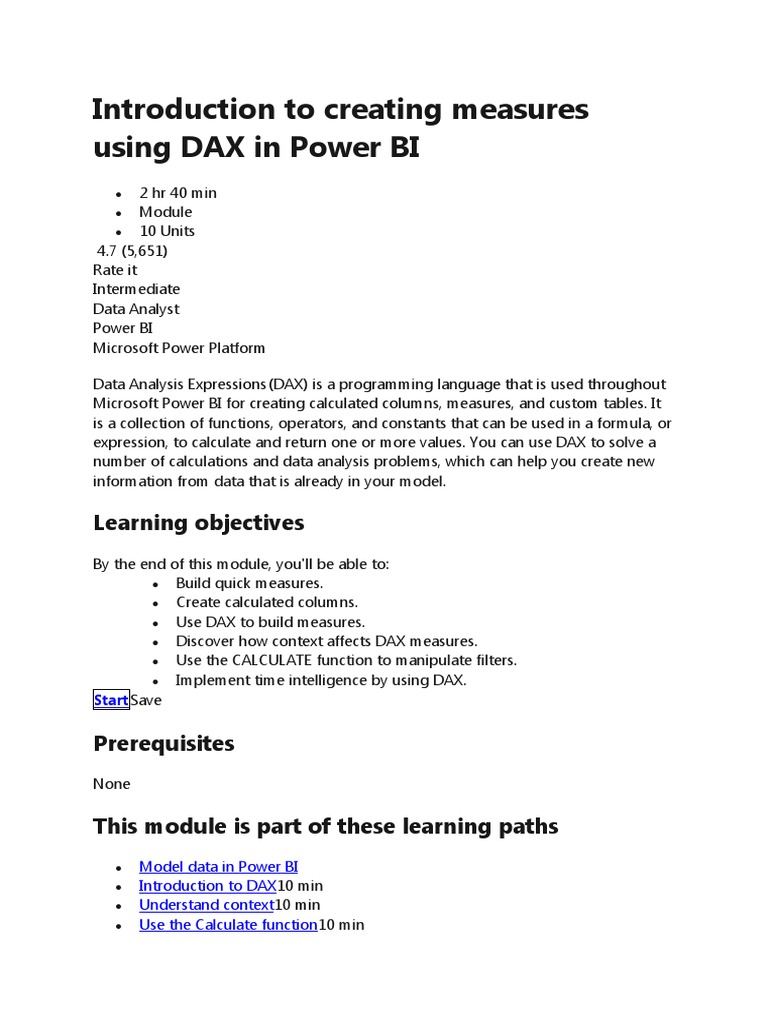 6 Introduction To Creating Measures Using Dax In Power Bi Pdf Data Analysis Function