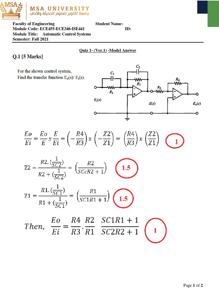 Quiz1-ECE455-Ver1-Model Answer | PDF