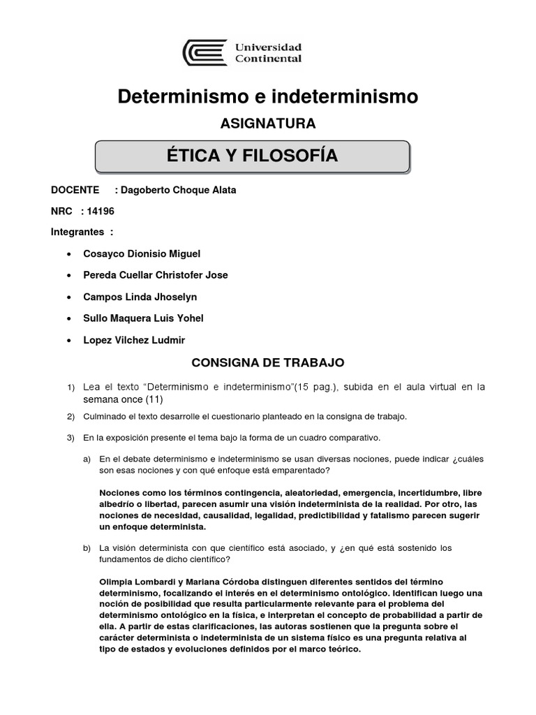 Consigna de Trabajo 10 Determinismo e Indeterminismo Final | PDF | Determinismo | Libre albedrío