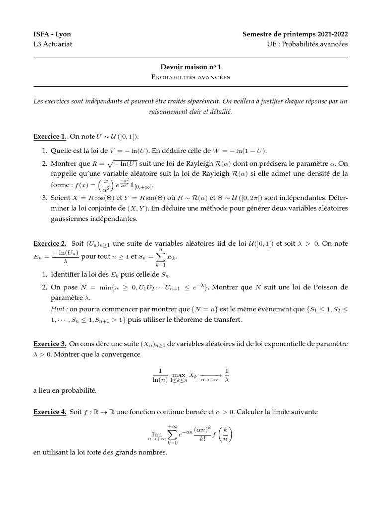 ISFA - Lyon Semestre de Printemps 2021-2022: Robabilités Avancées | PDF ...