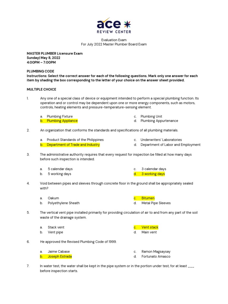 Master Plumber Exam Evaluation 2022 | PDF | Plumbing | Storm Drain
