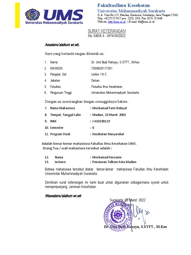 Surat Keterangan Mahasiswa UMS | PDF | Pengembangan Diri | Sains ...