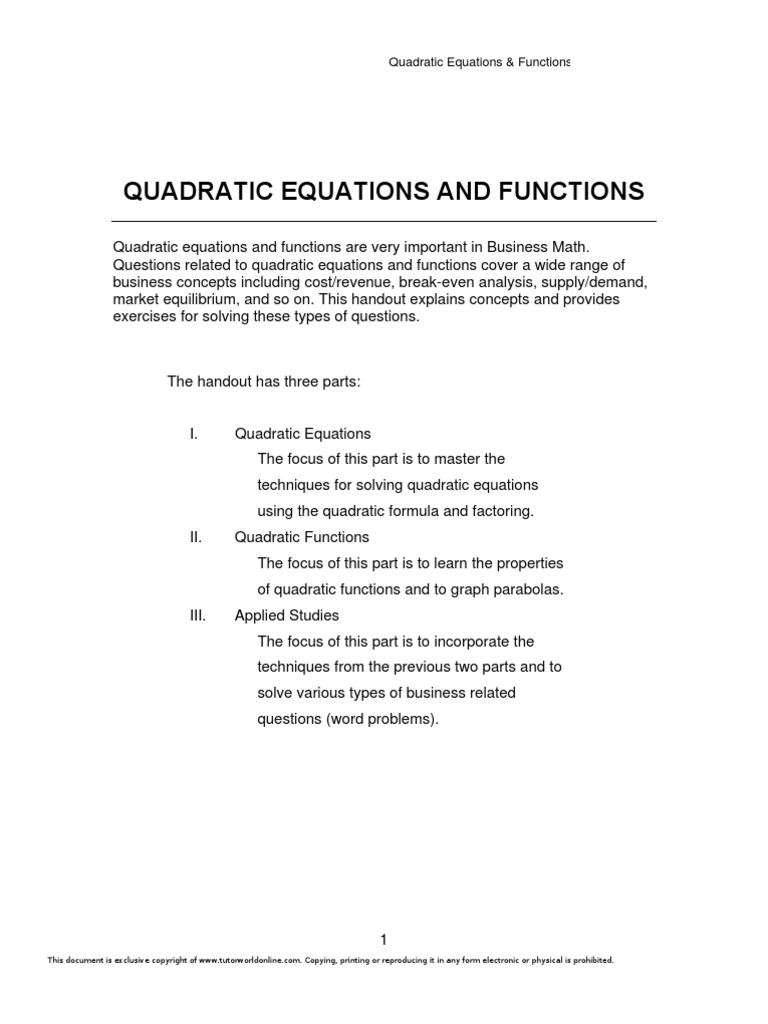 Quadratic Equations and Functions | PDF | Quadratic Equation | Economic ...