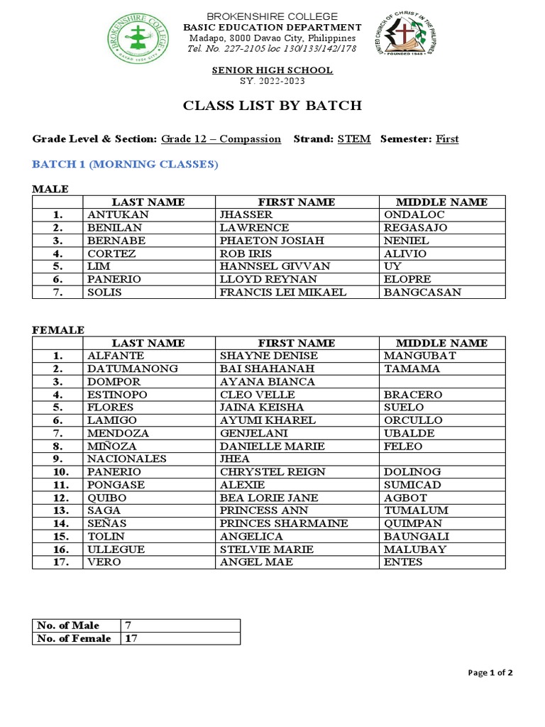 Compassion SHS Class List by Batch Template Sy 2022 2023 | PDF