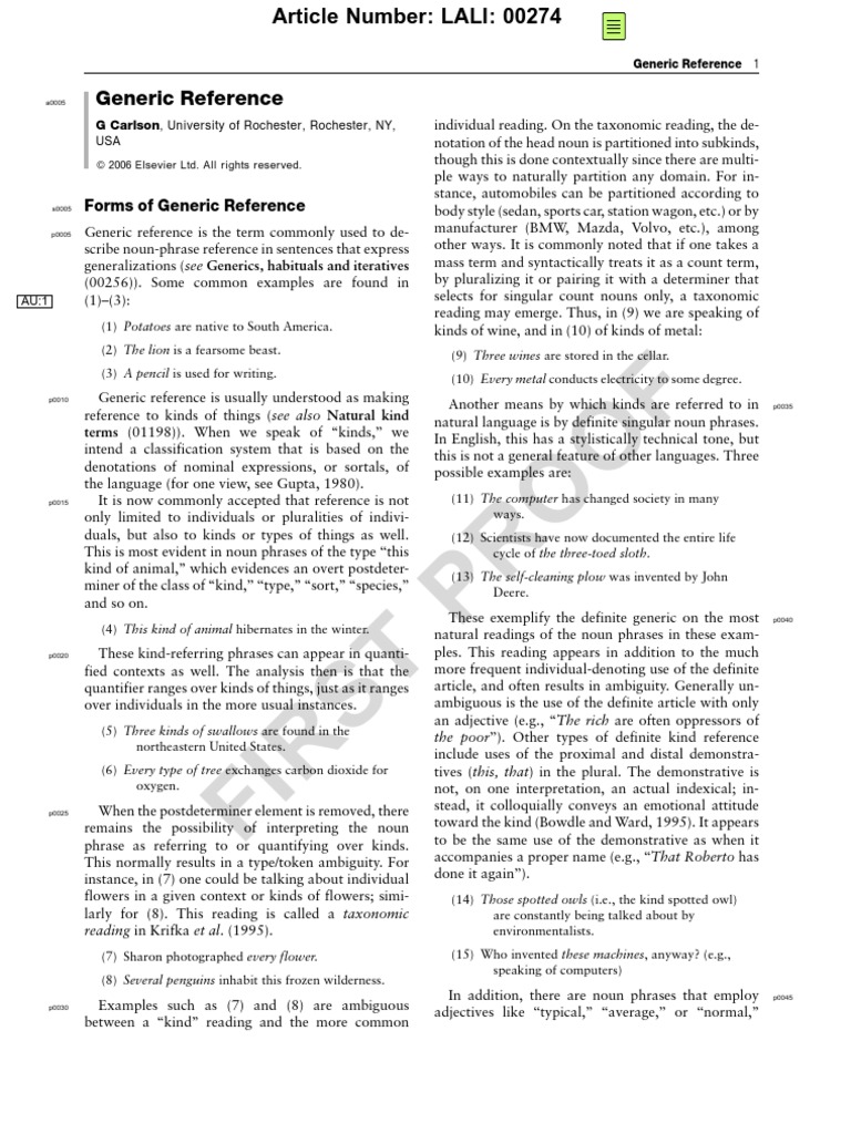 Carlson (2006) Generic Reference | PDF | Predicate (Grammar ...