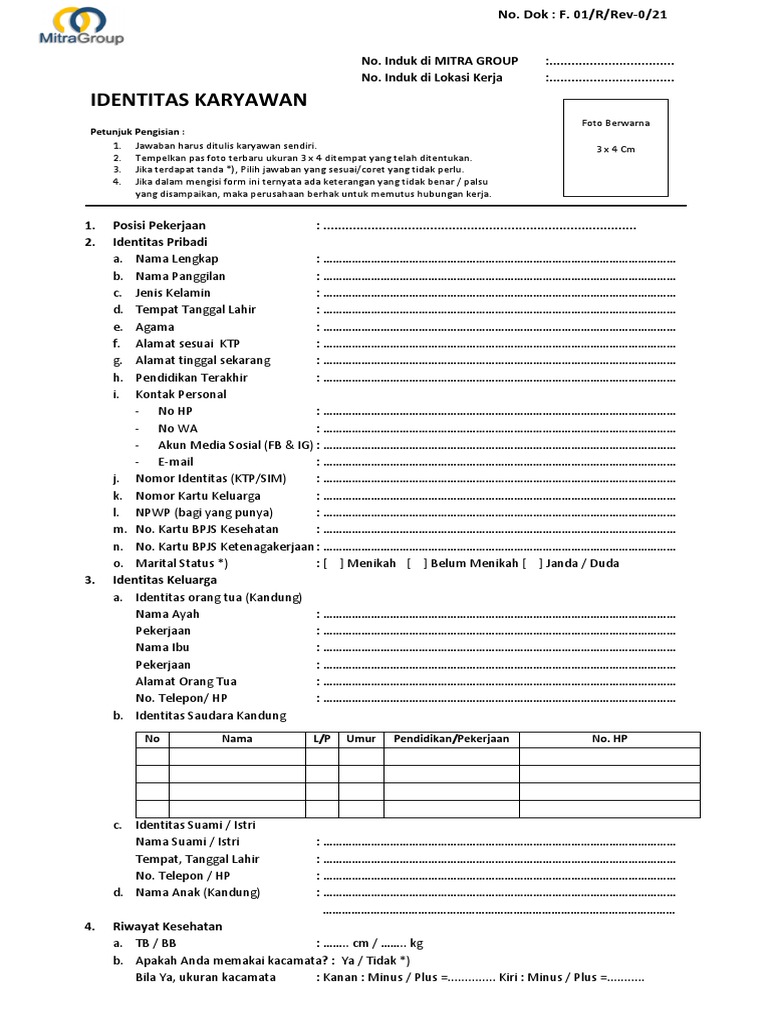 01 Form Identitas Karyawan MITRA GROUP | PDF