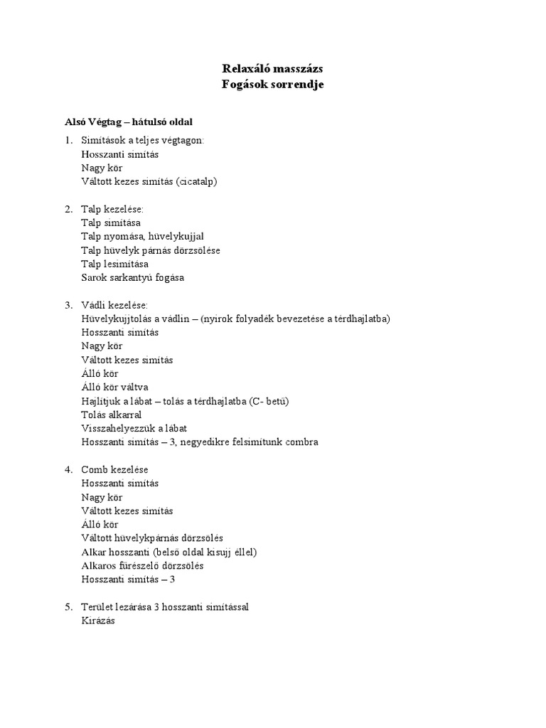 Relaxáló Masszázs Fogás Sorrend | PDF