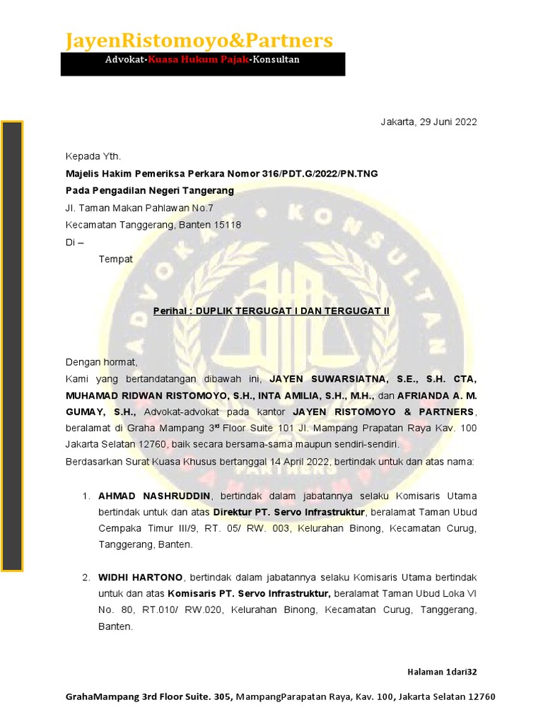 Contoh Duplik Atas Replik Perbuatan Melawan Hukum (Eksepsi Kompetensi Absolut) | PDF