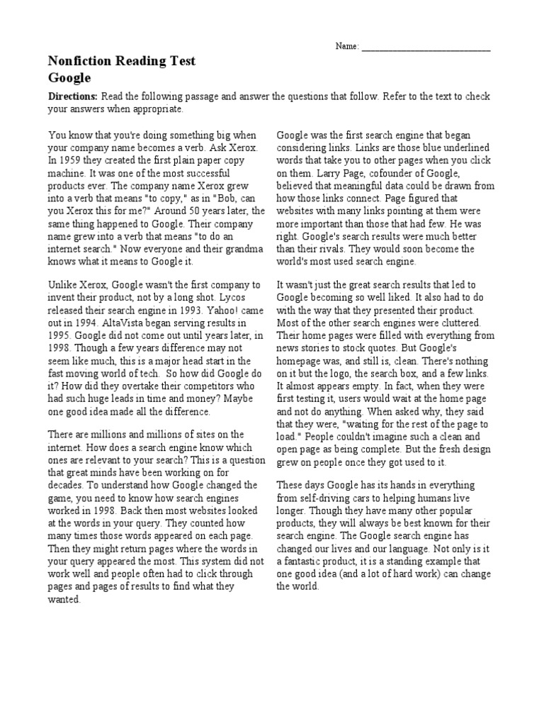 Nonfiction Reading Test Google | PDF | Cyberspace | Communication