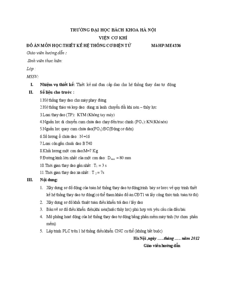 Đồ Án Thiết Kế Hệ Thống Thay Dao Cho Máy CNC - 838404 | PDF