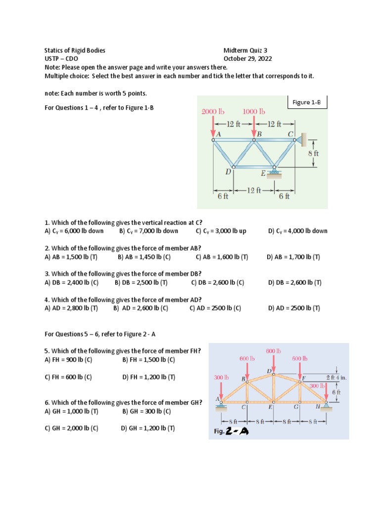 Statics Rigid Bodies Midterm Quiz | PDF | Mechanical Engineering | Mechanics