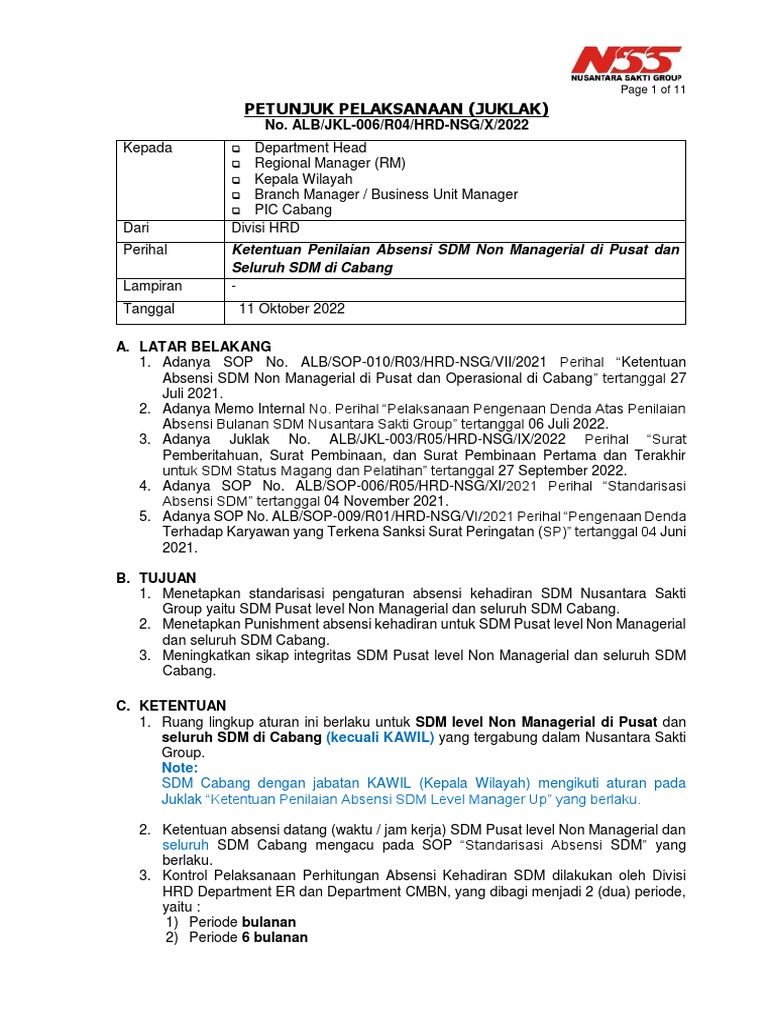 Juklak Ketentuan Penilaian Absensi SDM Non Managerial Di Pusat Dan Seluruh SDM Di Cabang No ALB ...