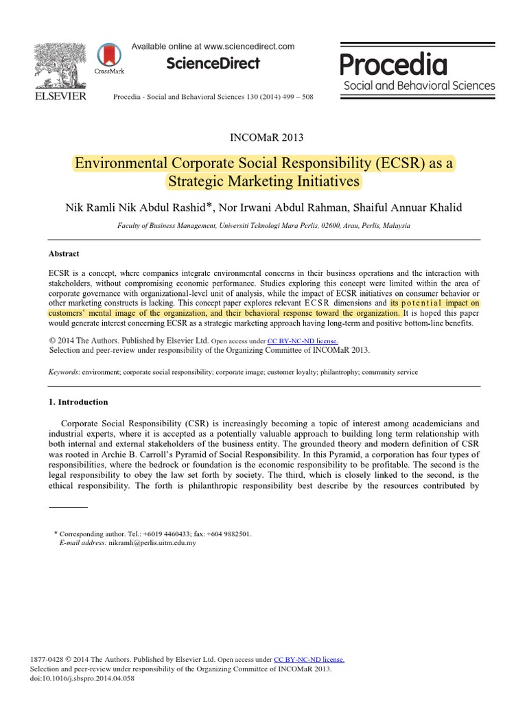 Environmental Corporate Social Responsibility (ECSR) As A | PDF ...