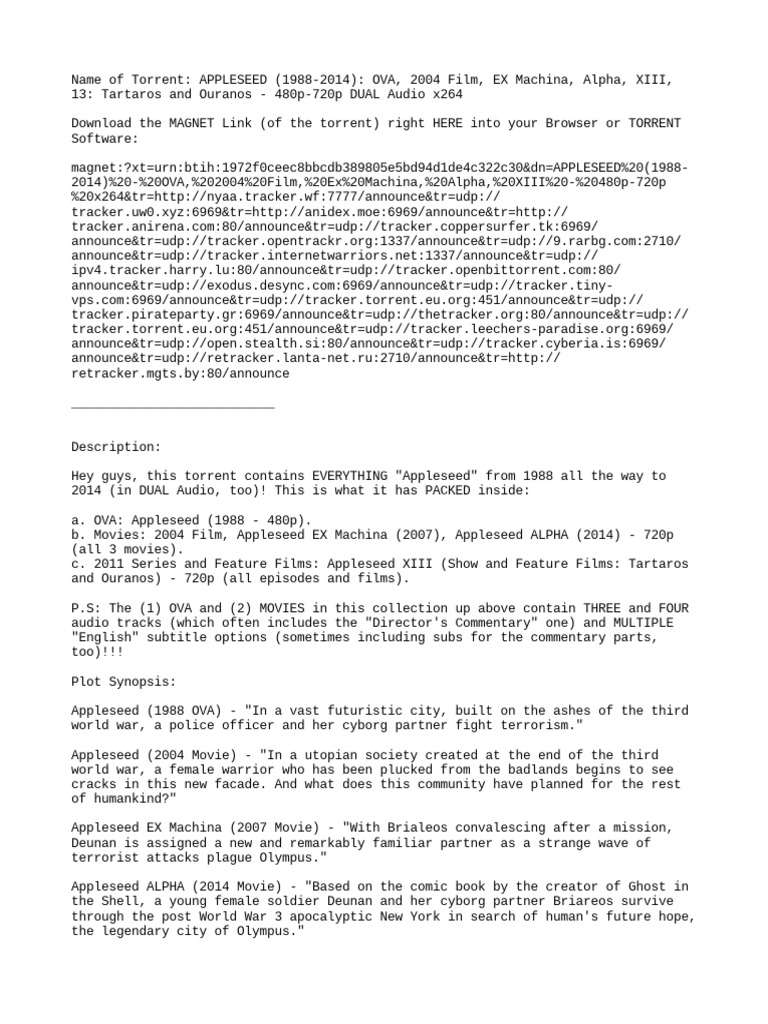 APPLESEED (1988-2014) - Complete OVA, Movies, Series - 480p-720p x264 | PDF