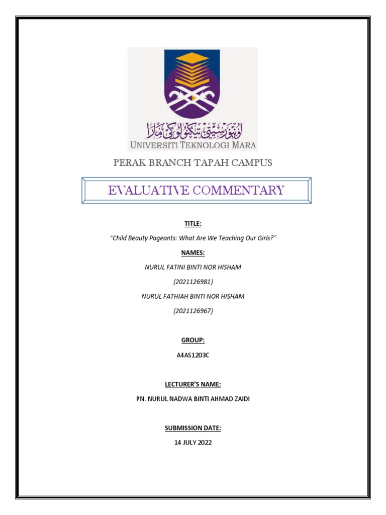 Evaluative Commentary Completed New 1 | PDF | Self Esteem | Beauty