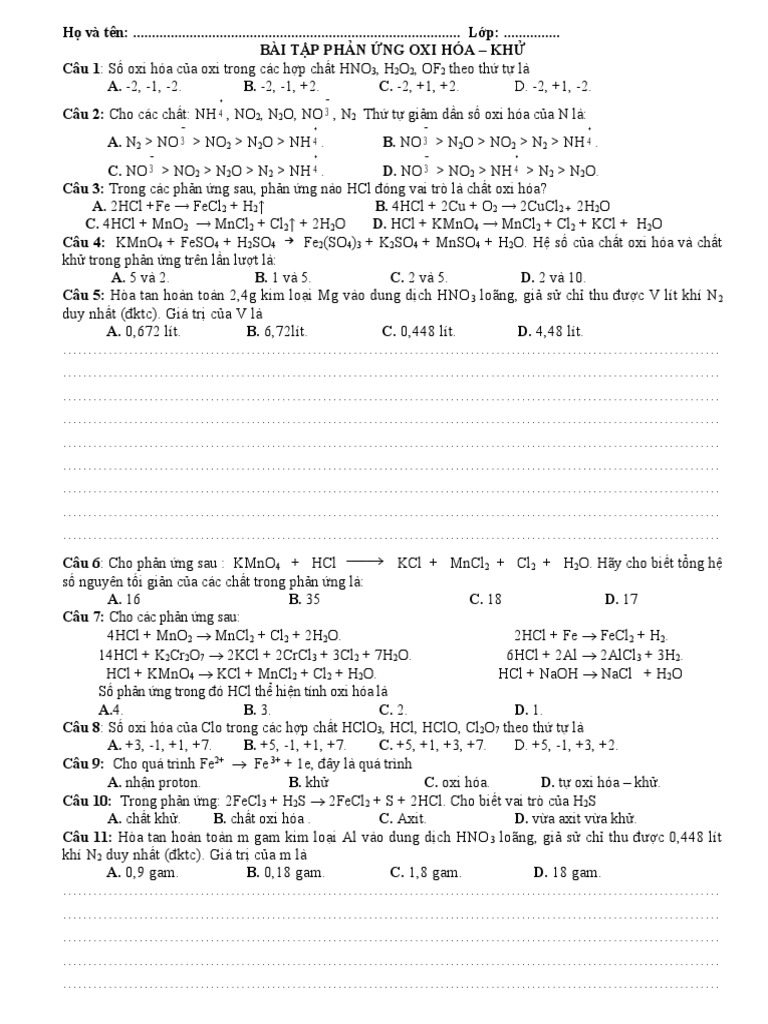 PHIẾU BÀI TẬP PƯ OXH - K - HS | PDF