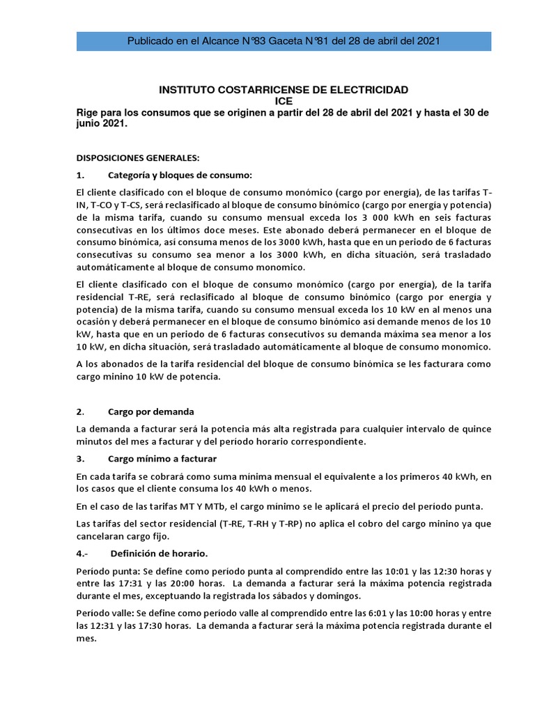 Tarifas de Energía ICE 2021 | PDF | Electricidad | Cantidades fisicas