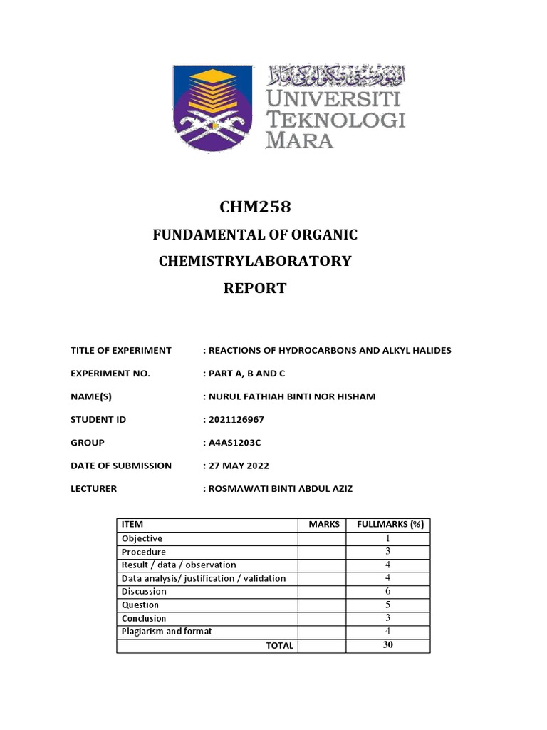 CHM Lab Report, 3c.fathiah | PDF | Chemical Reactions | Alkene