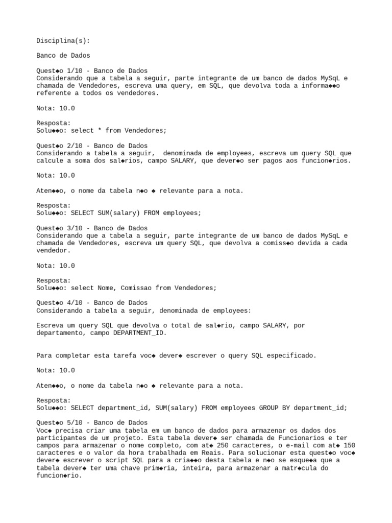 Atividade Pratica Banco de Dados Nota 100 | PDF | Tabela (banco de dados) | SQL