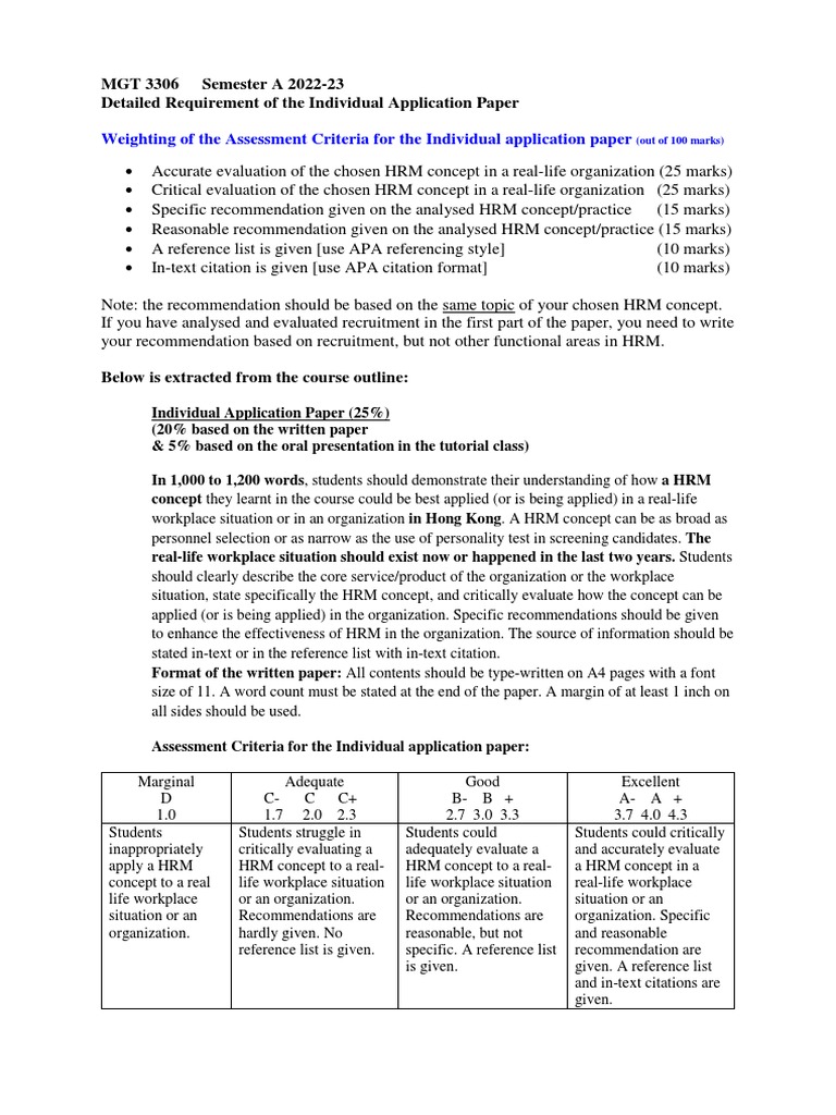 Detailed Assessment Criteria On The Individual Application Paper - MGT 3306 Semester A 2022 ...