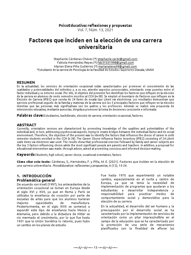 Factores que influyen en la elección de carrera universitaria: un análisis de los principales ...