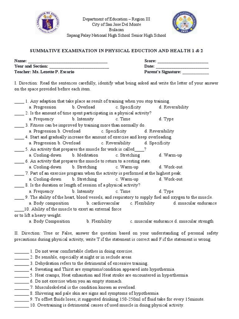 Summative Examination in Pe and Health | PDF | Physical Fitness | Physical Exercise