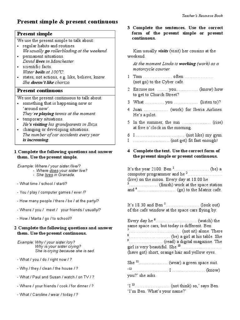 Present Simple Present Continuous - Exercises | PDF