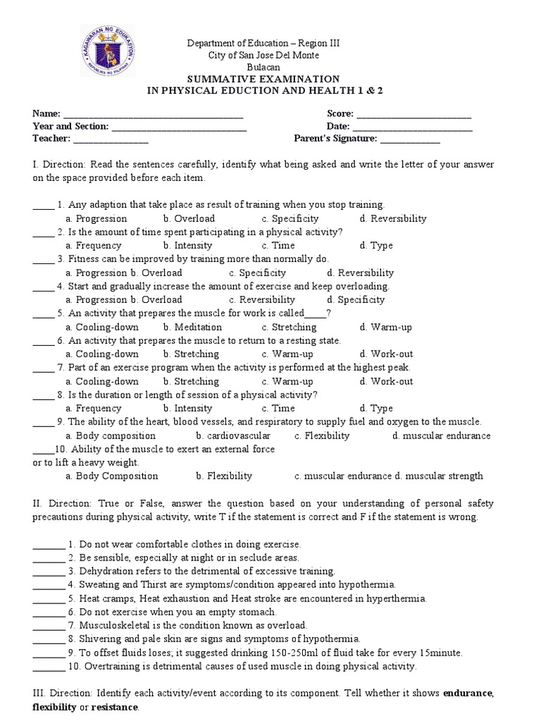 Summative Exam in PE and Health 1 & 2 | PDF | Physical Fitness ...