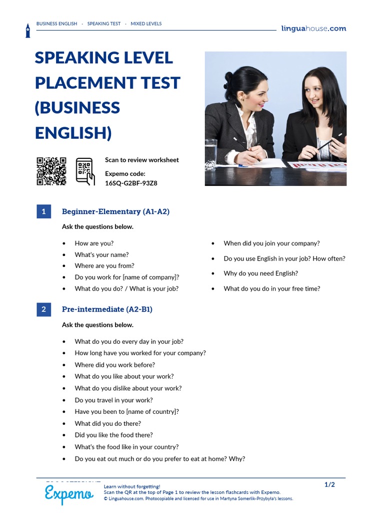 Speaking Level Placement Test Business English British English Teacher ...