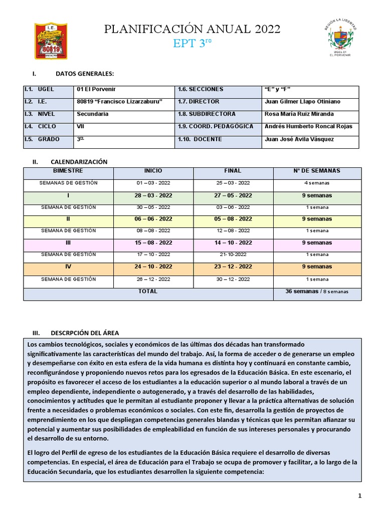 Planificación Anual 2022 Ept | PDF | Aprendizaje | Iniciativa empresarial
