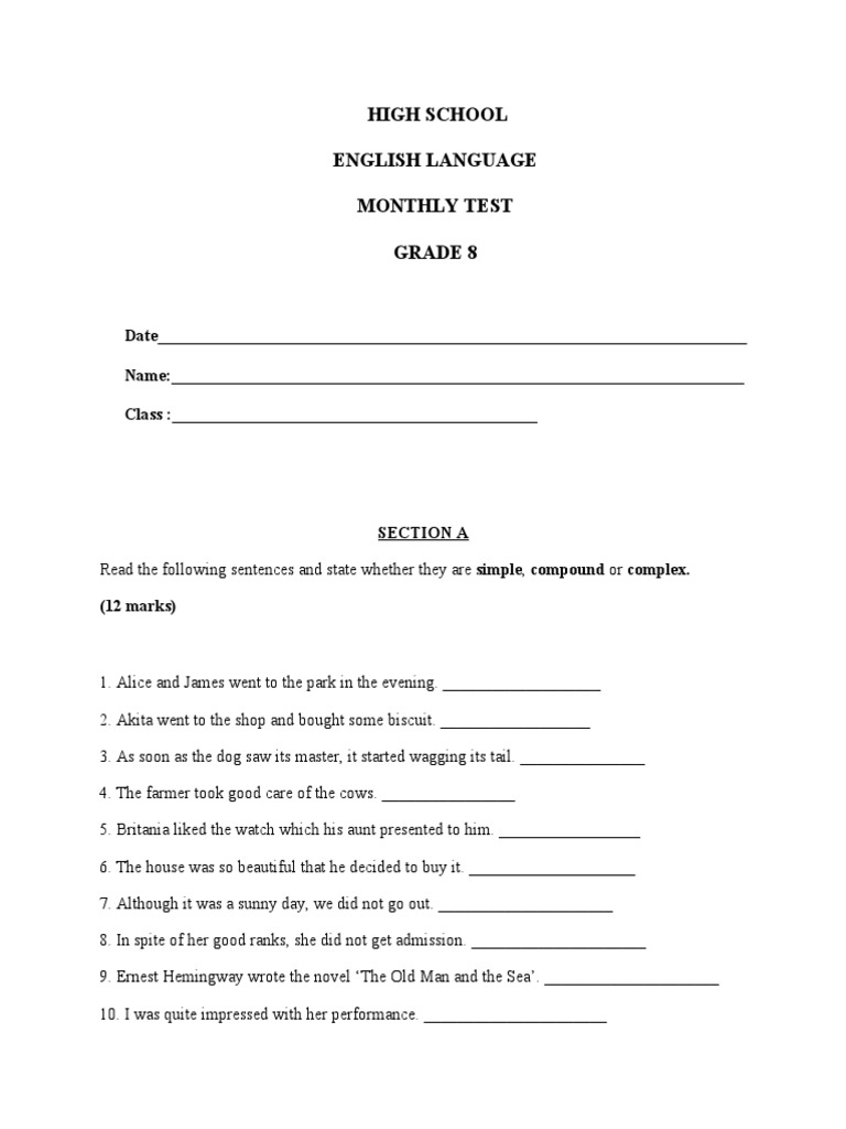 Grade 8 ENGLISH Monthly TEST | PDF