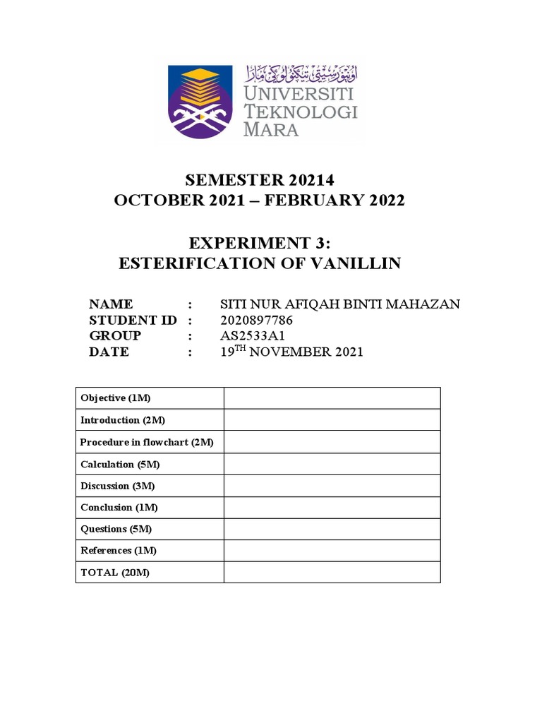 Lab Report Experiment 3 - Esterification Reactions of Vanillin | PDF ...