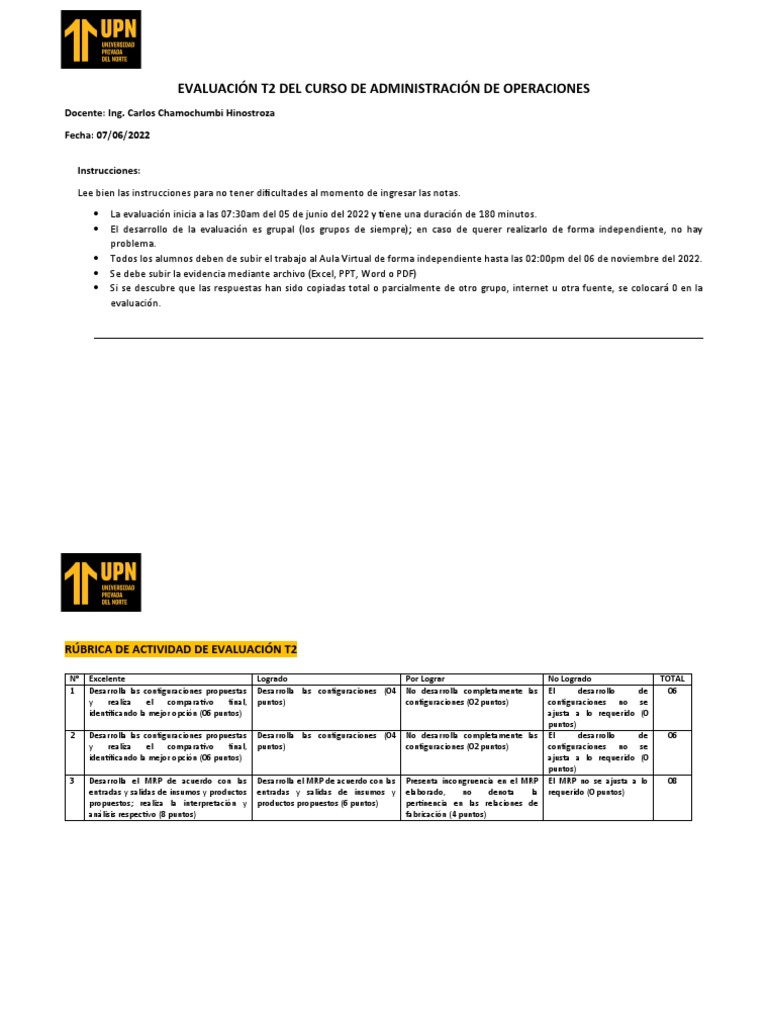 Evaluacion T2 UG ADOP - Rubrica | PDF