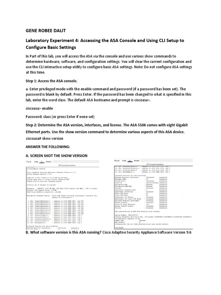 Laboratory Experiment 4 Accessing The ASA Console and Using CLI Setup To Configure Basic ...