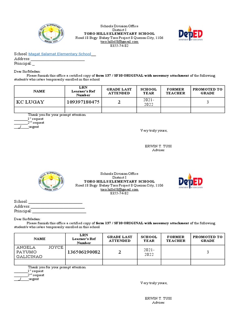 Request Form137 SF10 2020 | PDF