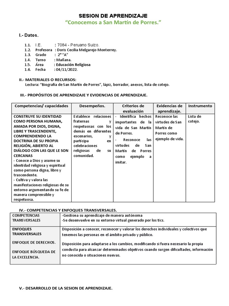 RELIGIÓN - Conocemos A San Martín de Porres | PDF | Aprendizaje | Cognición