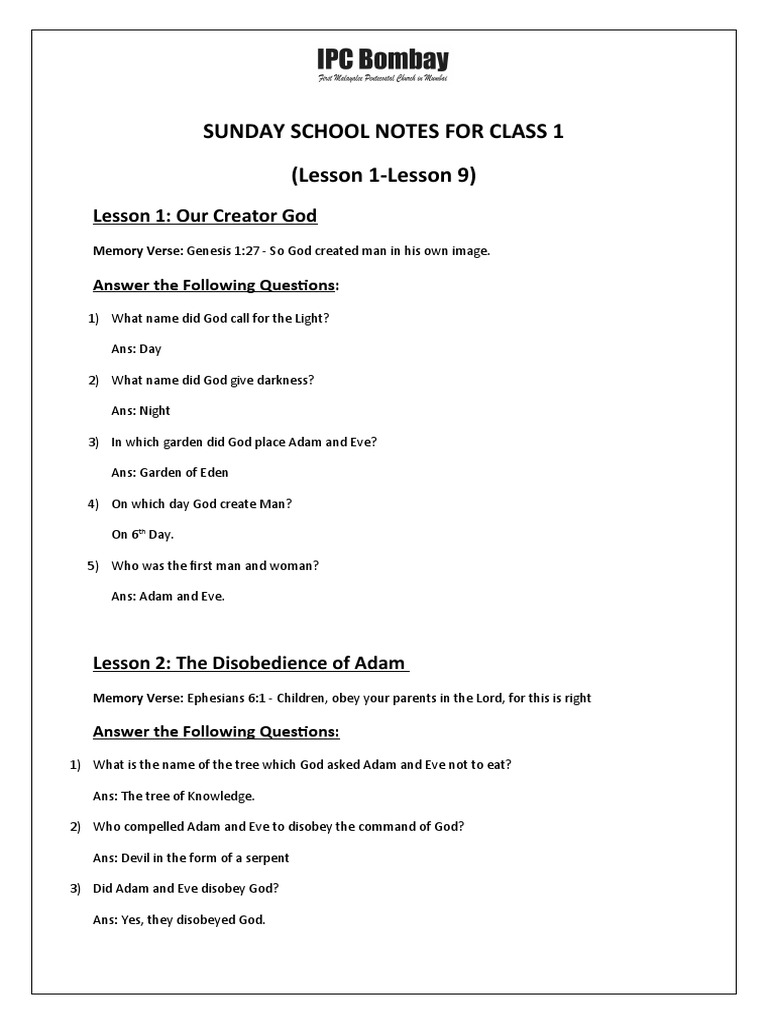 Sunday School Notes Class 1 | PDF | Adam And Eve | Abraham