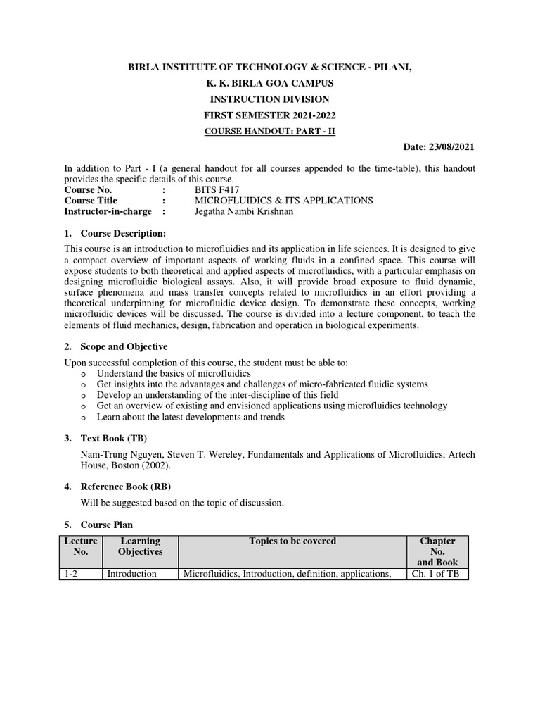 BITS F417-Handout | PDF | Microfluidics | Fluid Dynamics