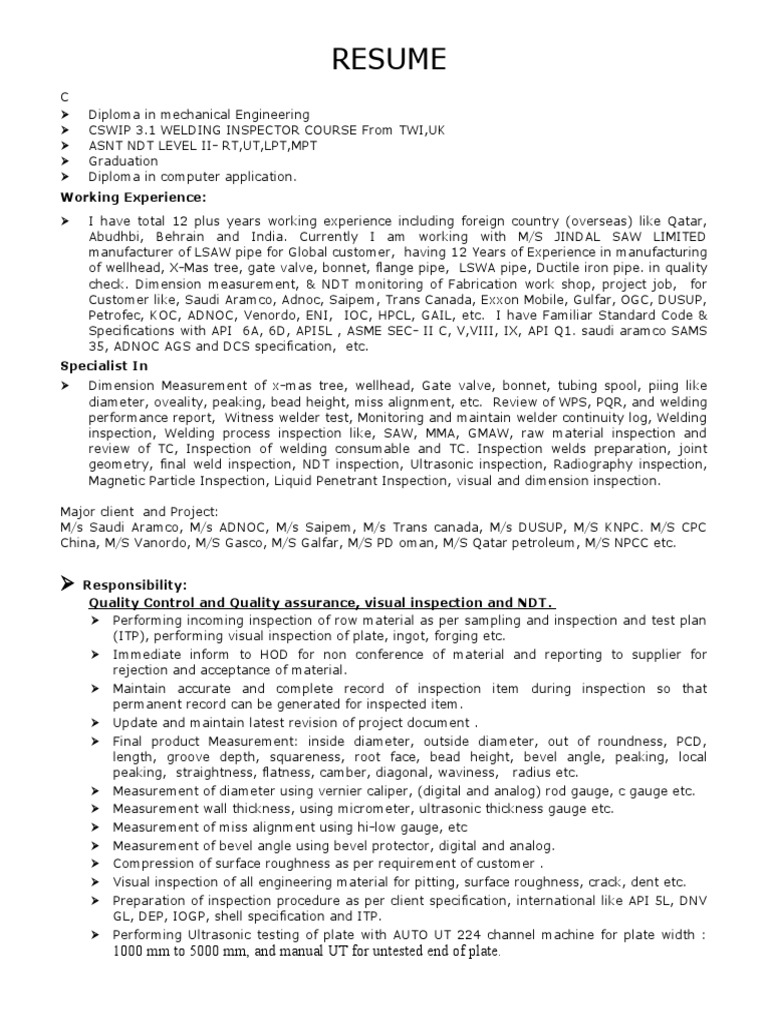QC Engineer | PDF | Pipe (Fluid Conveyance) | Welding