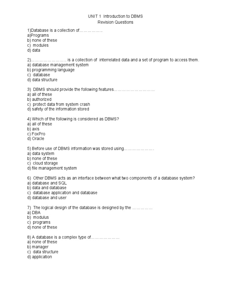 DBMS Unit 1 Revision Questions | PDF | Teaching Methods & Materials | Computers