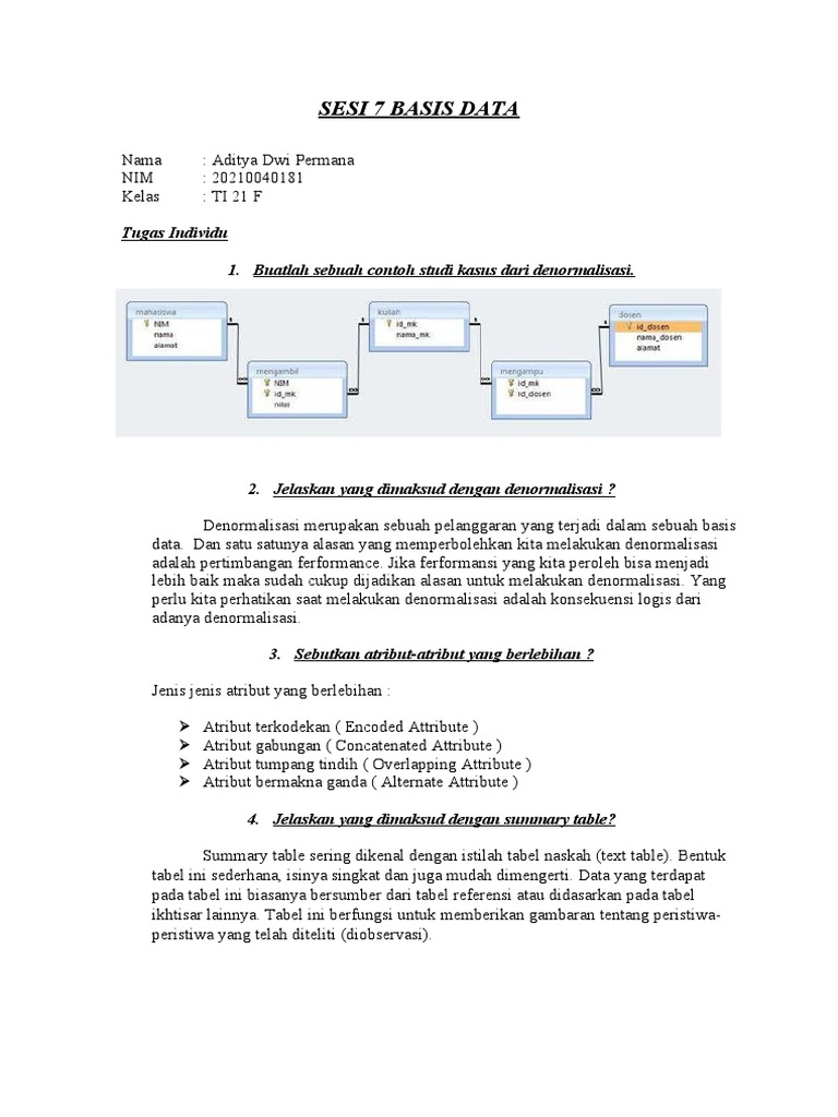 Tugas 7 Basis Data - Aditya DP - 20210040181 - Ti21f | PDF | Komputer
