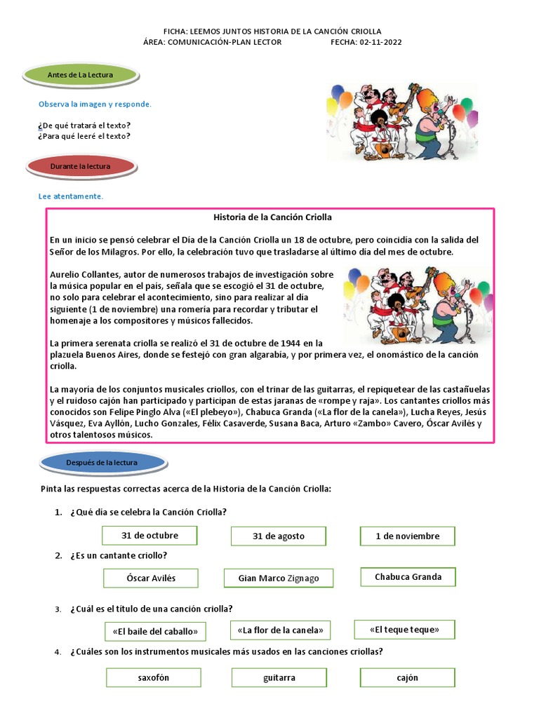 Ficha Leemos Juntos Historia de La Canción Criolla | PDF | Musica ...